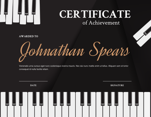 Printable Piano Keyboard Award Certificate Template